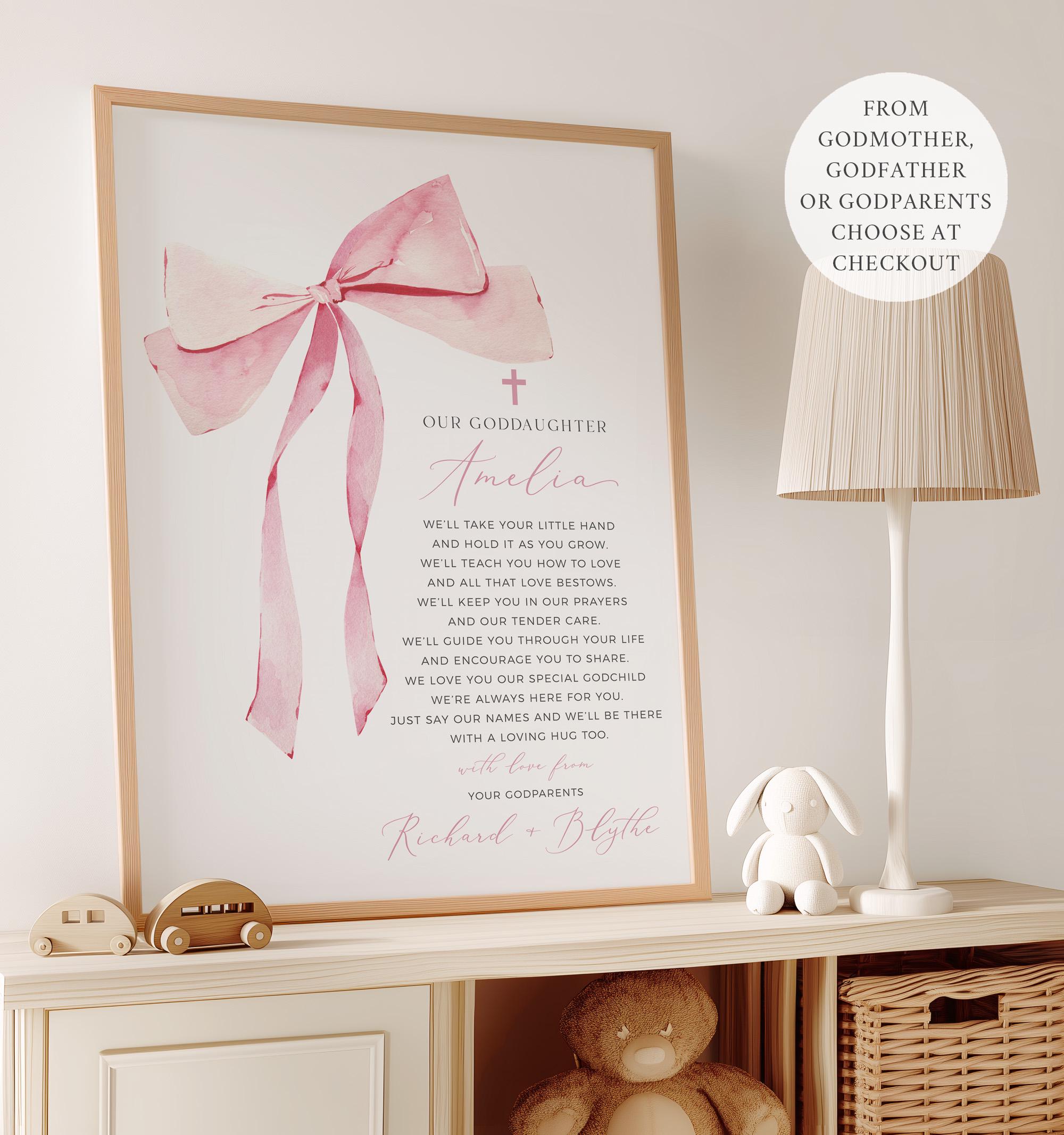 Pink Bow Baptism Goddaughter Gift, Personalized Girl's Christening Gift ...