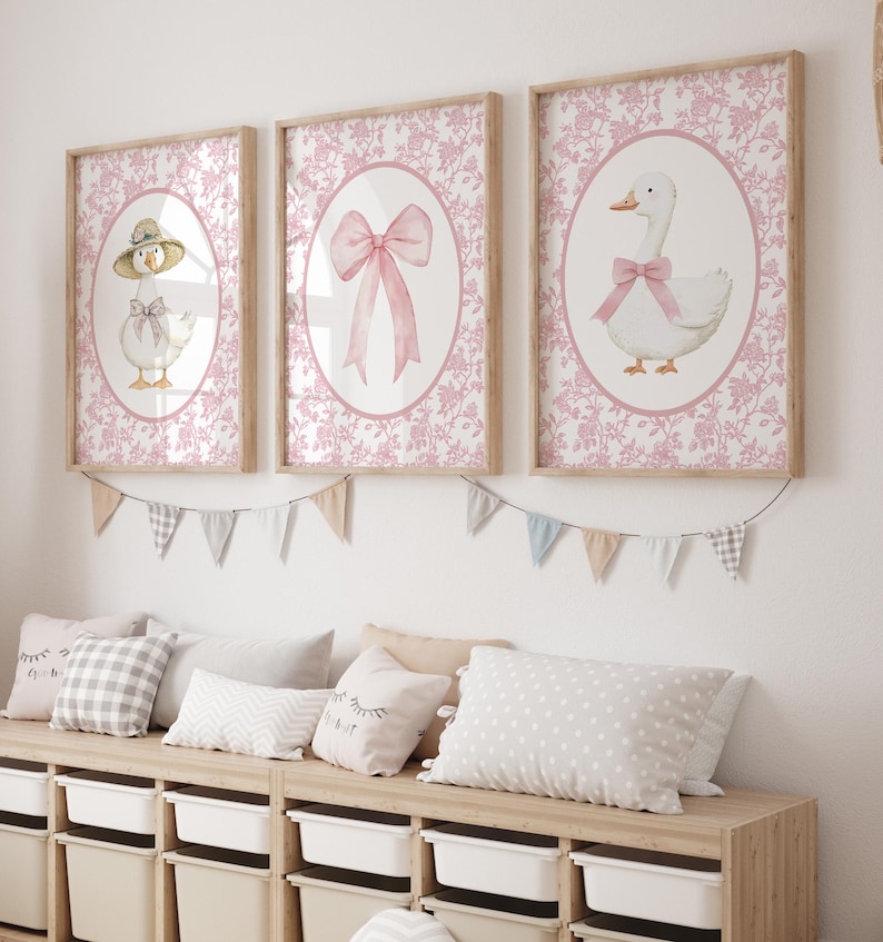 Silly Goose Nursery Art, Printable Bow Wall Decor, Pink Toile Prints ...