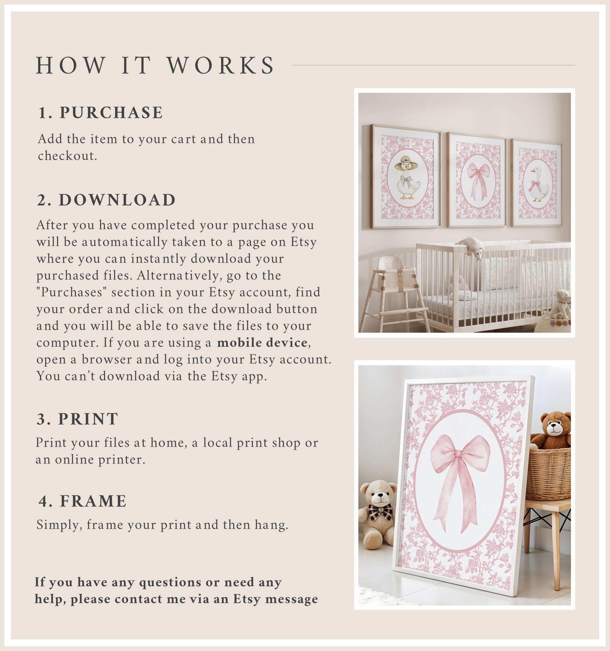 Silly Goose Nursery Art, Printable Bow Wall Decor, Pink Toile Prints ...