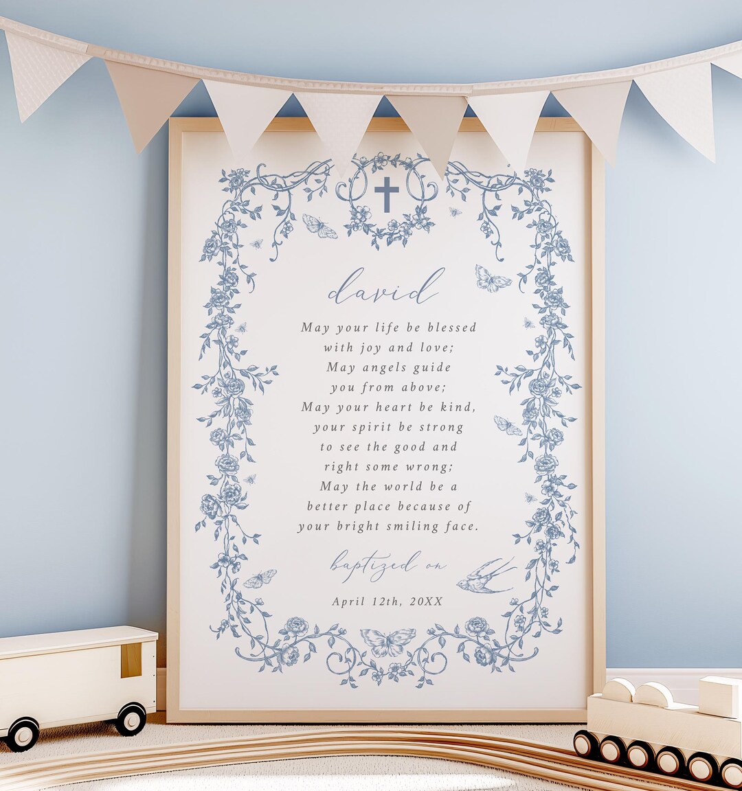 Dusty Blue Toile Baptism Gift Boy, Chinoiserie Christening Gift ...