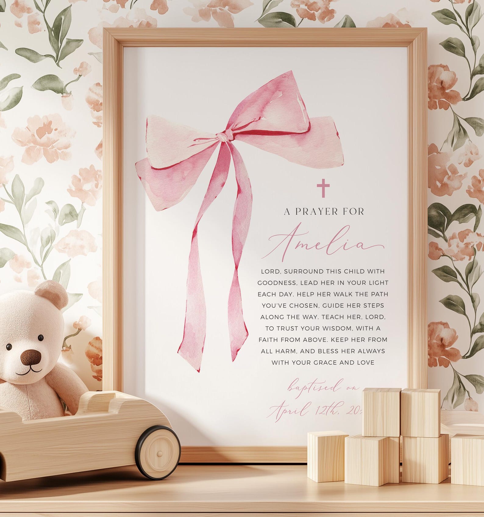 Pink Bow Baptism Prayer Art, Personalized Girl's Christening Gift ...