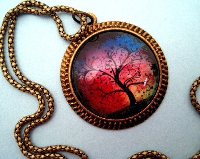 Tree Pendant Necklace - Beautiful Colors - Antique Bronze Setting - 30 ...