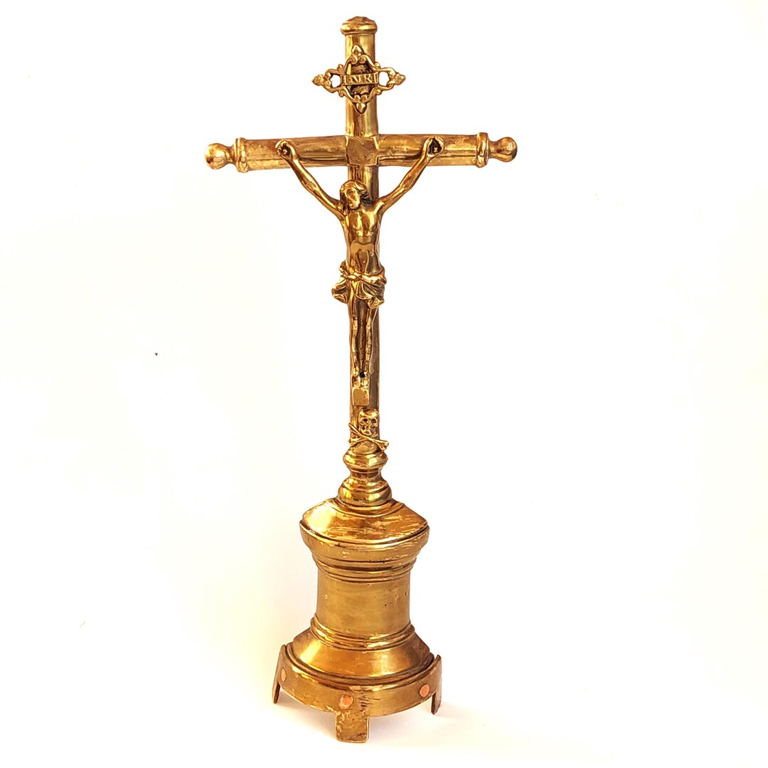 Vintage 50s 60s Large Brass Standing Crucifix 15” Tall Christian ...