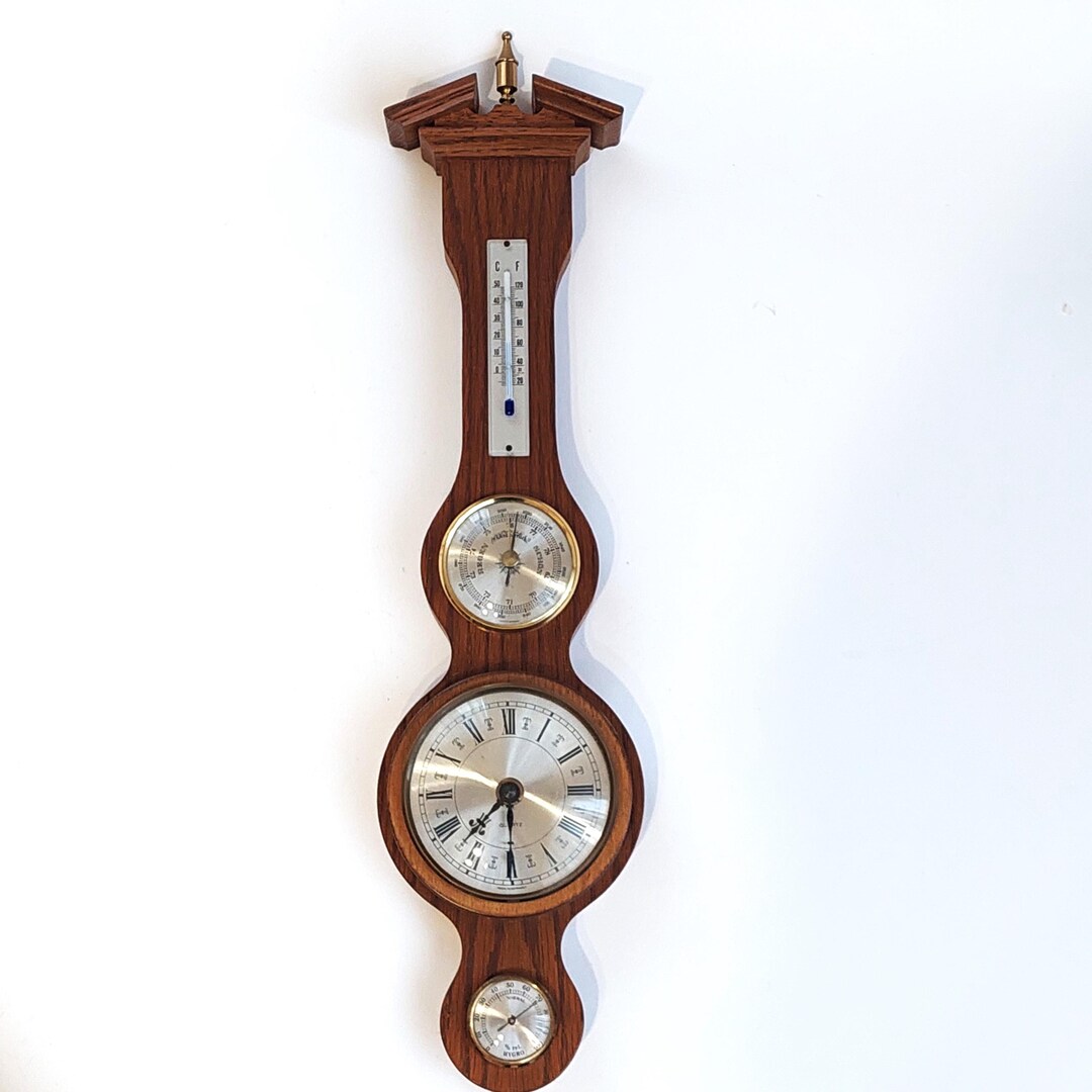 Vintage Barometer Thermometer Hygrometer Clock Germany Large Wooden ...