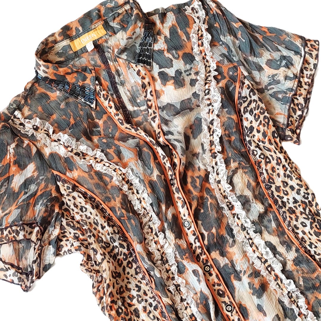 Vintage 1970s Biba Women Button up Blouse Sheer Leopard Animal Print ...