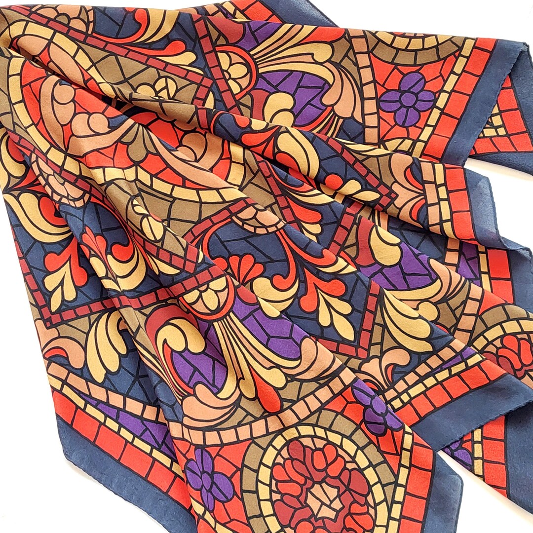 Vintage Silk Scarf Multicolor Stained Glass Mosaic 1950s 1960s Design ...