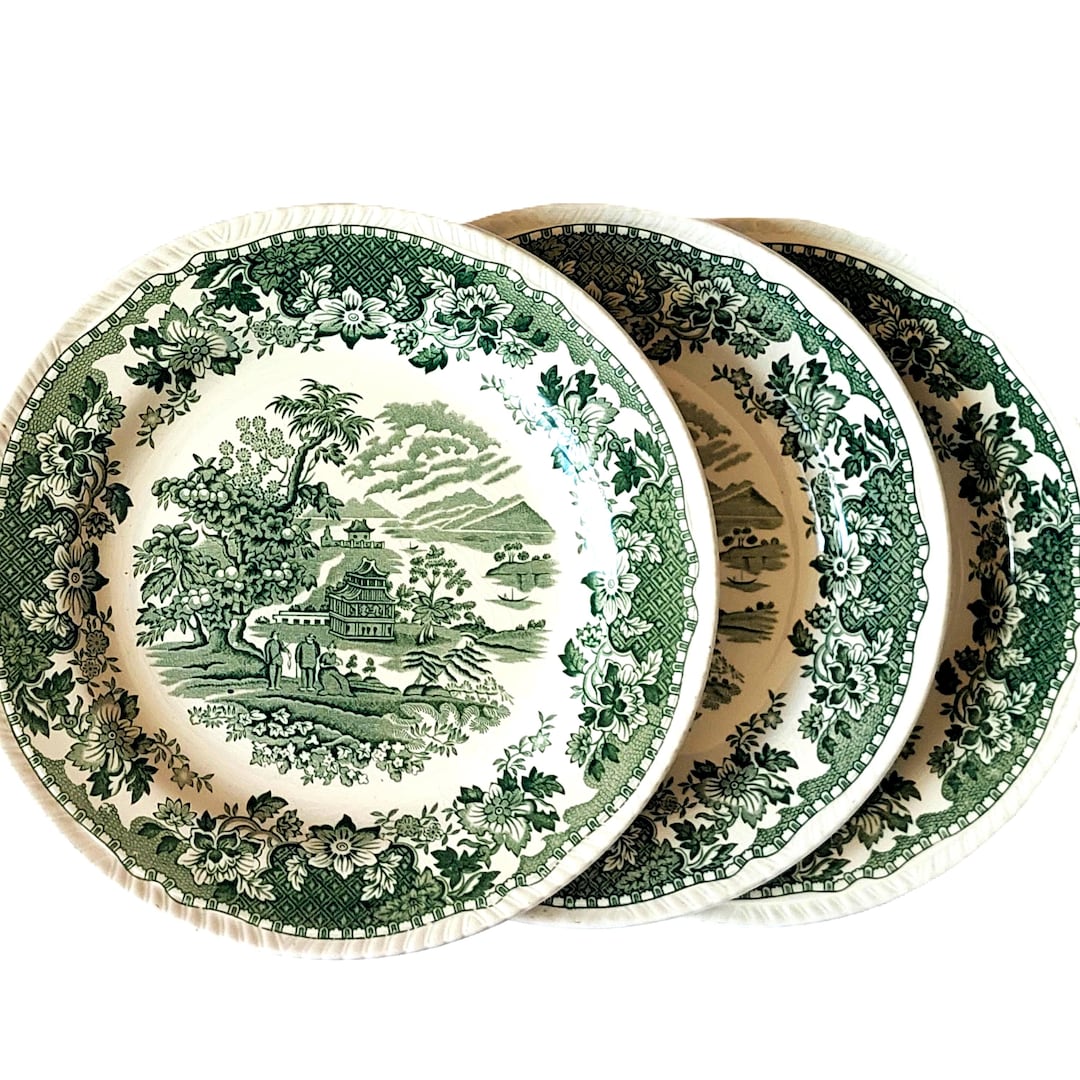 Set of 3 English Green Transferware Dinner Luncheon Plates 26 Cm ...
