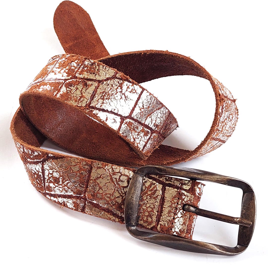 Vintage Vanzetti Brown Leather Belt: Distressed Silver Overlay, Made in ...