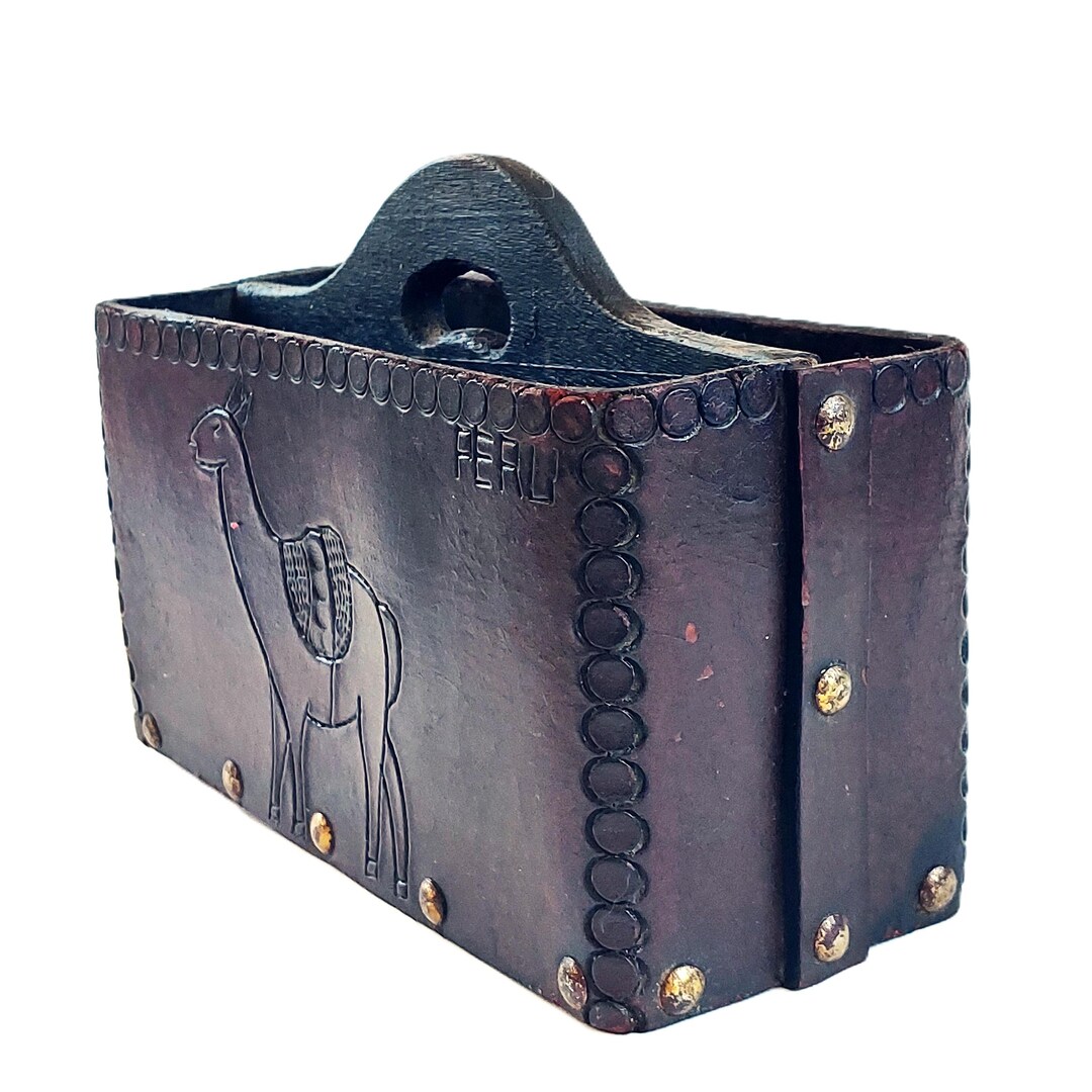 Vintage Leather Organizer Caddy, Peruvian Folk Art Dancer and Llama ...