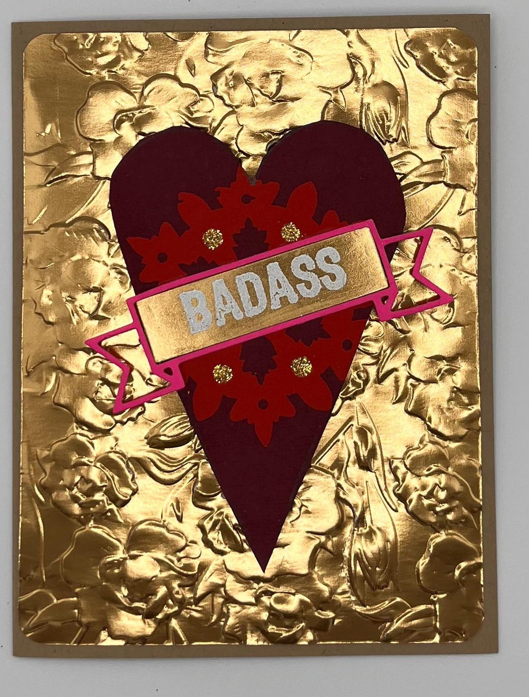 Badass Heart Card: Embossed Gold Floral A2 Card - Etsy