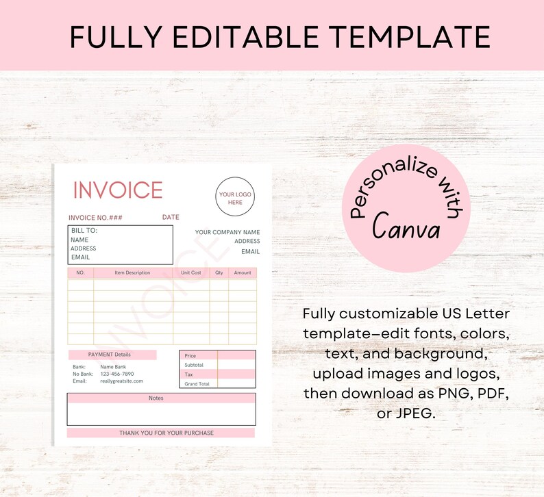 Editable Invoice Template, Modern Small Business Form (digital Download ...