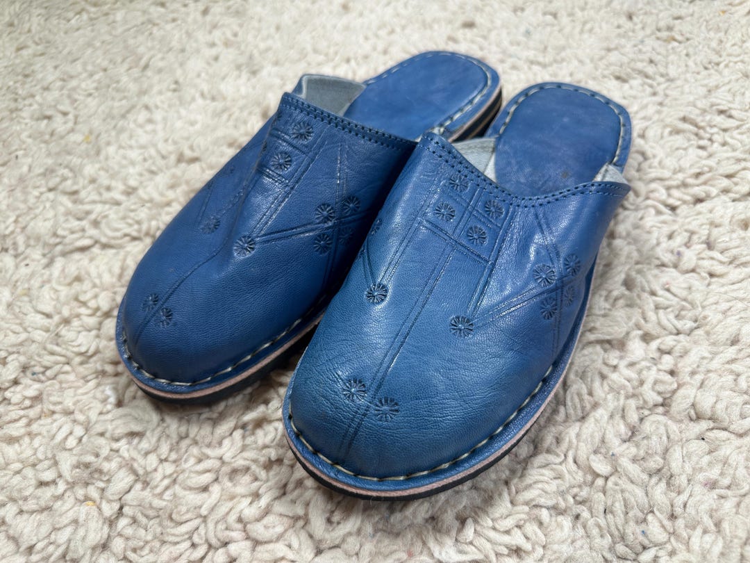 Blue Moroccan Leather Babouche for Men – Handmade Slip-on Balgha Shoes ...