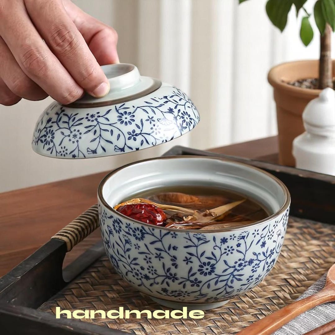 Japanese Blue White Floral Porcelain Stew Pot With Lid | Handmade ...