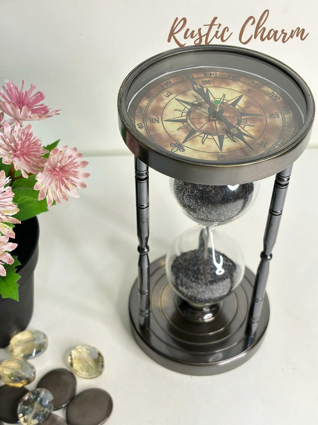 Brass Sand Timer With Compass Table Clock Office Decor Vintage Design ...