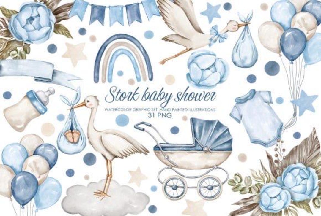 Watercolor Stork Baby Shower Clipart, Baby Announcement PNG, Nursery ...
