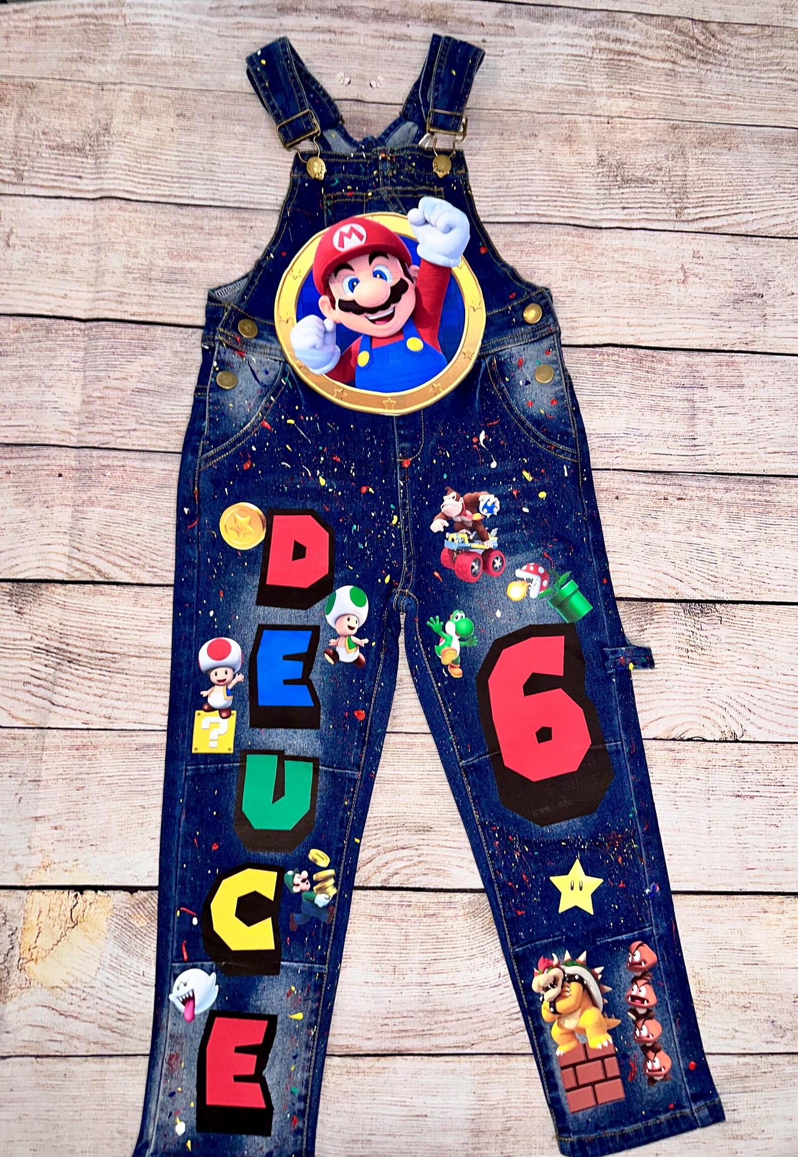 Super Mario Short Set/overalls/free Paint Splatter/front & Back/kids ...