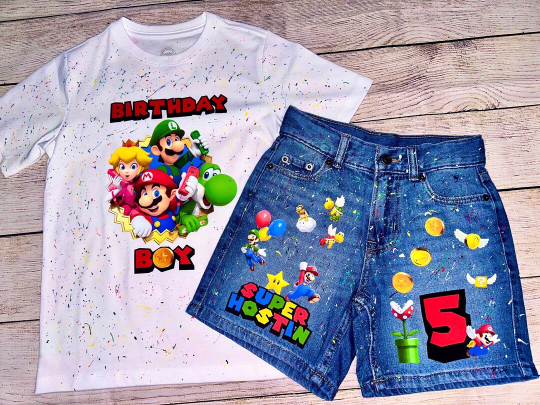 Super Mario Short Set/overalls/free Paint Splatter/front & Back/kids ...