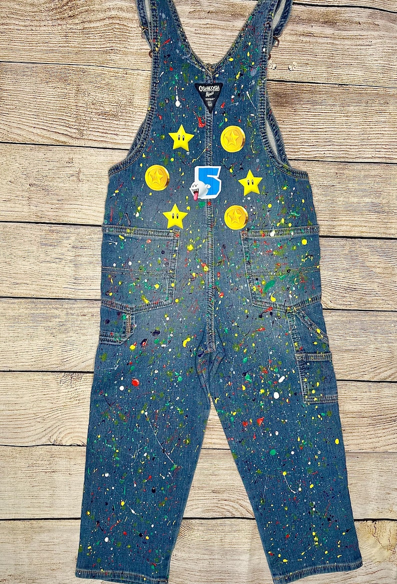 Super Mario Short Set/overalls/free Paint Splatter/front & Back/kids ...