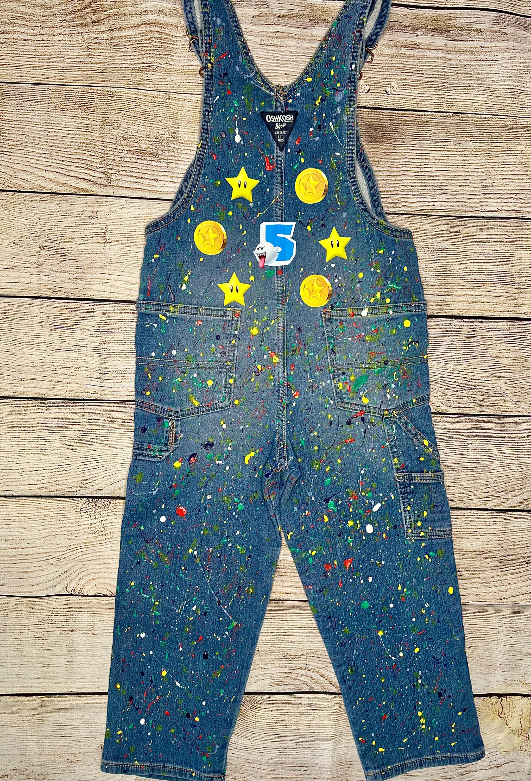 Super Mario Short Set/overalls/free Paint Splatter/front & Back/kids ...