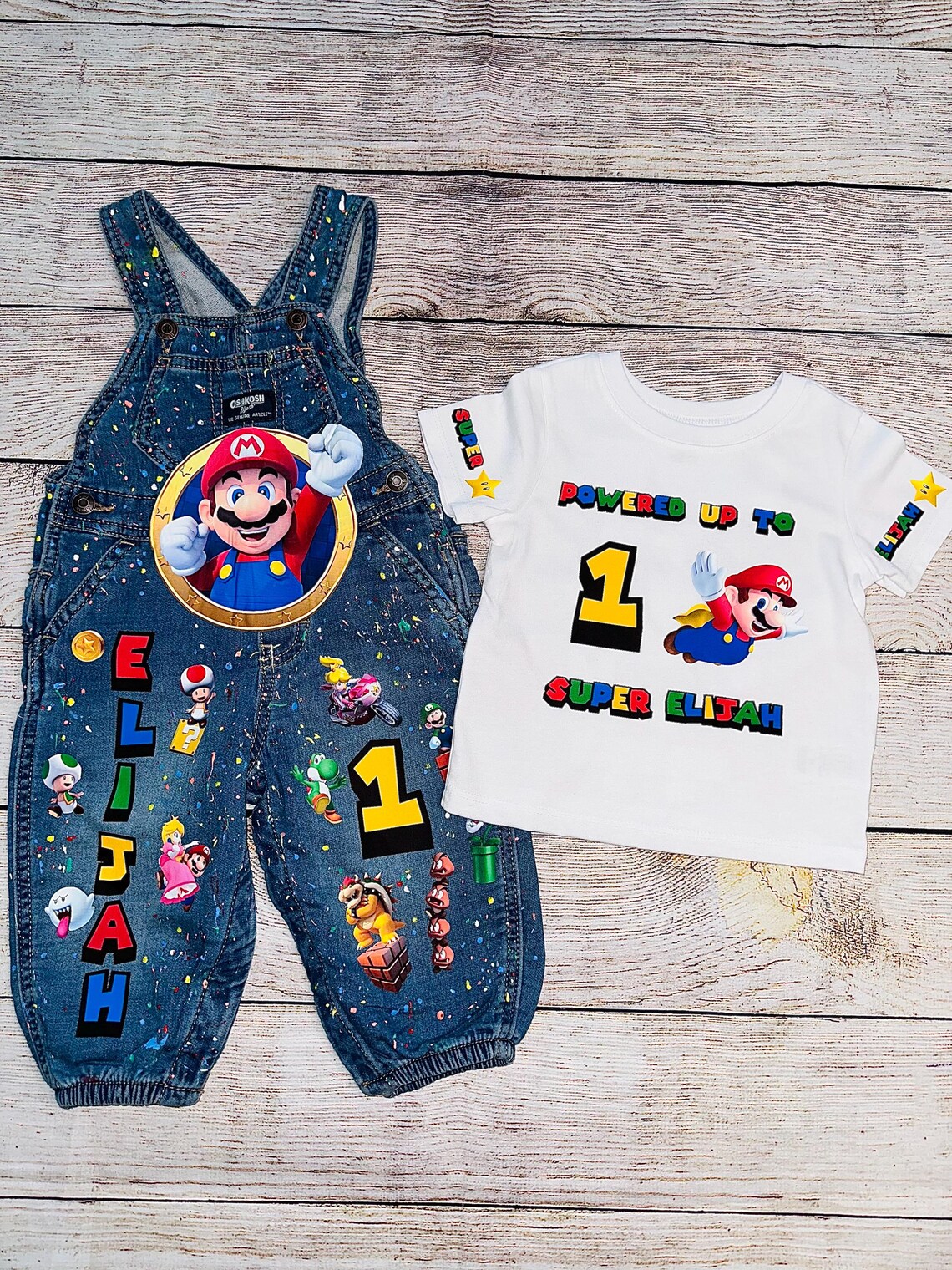Super Mario Short Set/overalls/free Paint Splatter/front & Back/kids ...