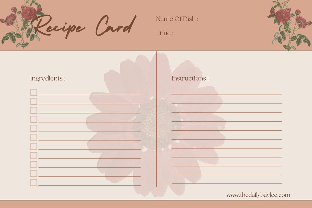 Pink Floral Recipe Card - Etsy
