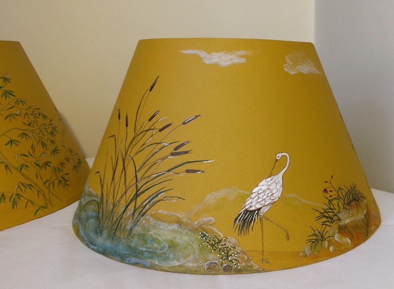 Chinoiserie Lamp Shades Pair Hand Painted Bamboo Moon Water Cranes ...