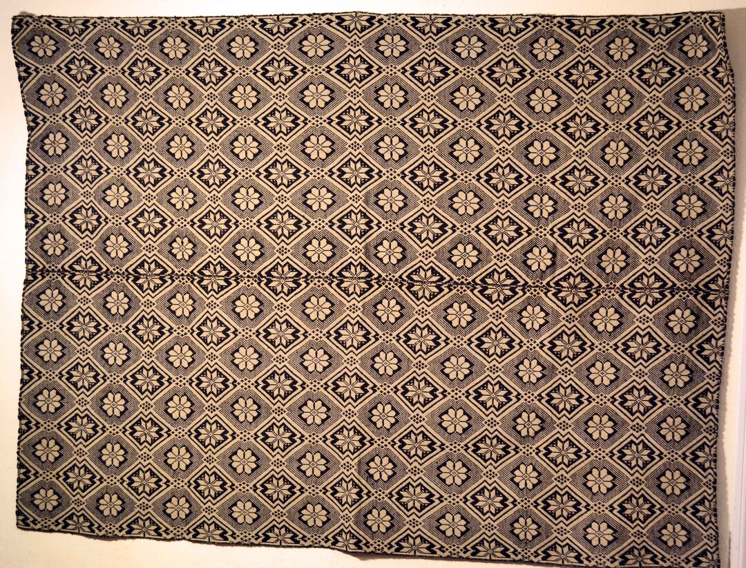 Retro Bed Cover Hand Woven Star Flower Beige Black Coverlet Reversible ...