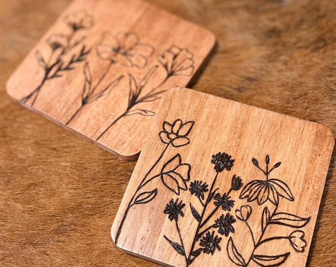 Wildflower Coaster Set | Handcrafted Earthy, Natural Wood Coasters - Etsy