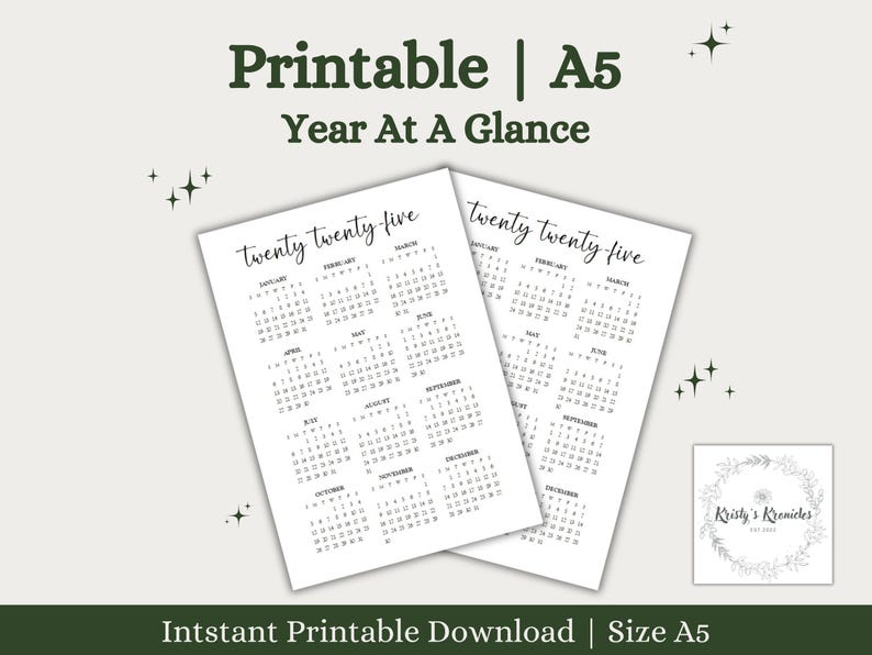 2025 Year at A Glance Printable | A5 Planner Inserts | Monday & Sunday ...