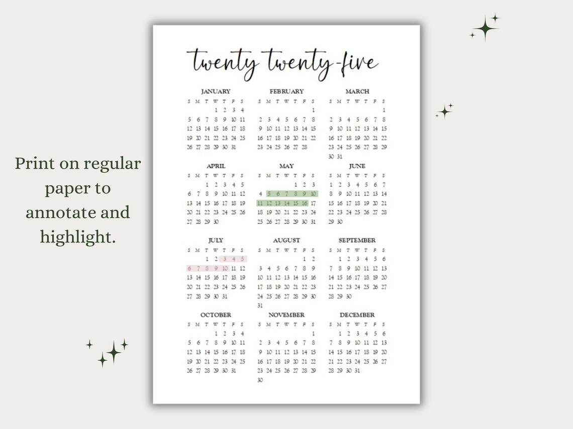 2025 Year at A Glance Printable | A5 Planner Inserts | Monday & Sunday ...