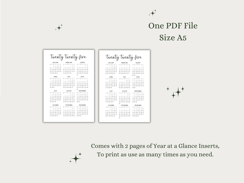2025 Year at A Glance Printable | A5 Planner Inserts | Monday & Sunday ...