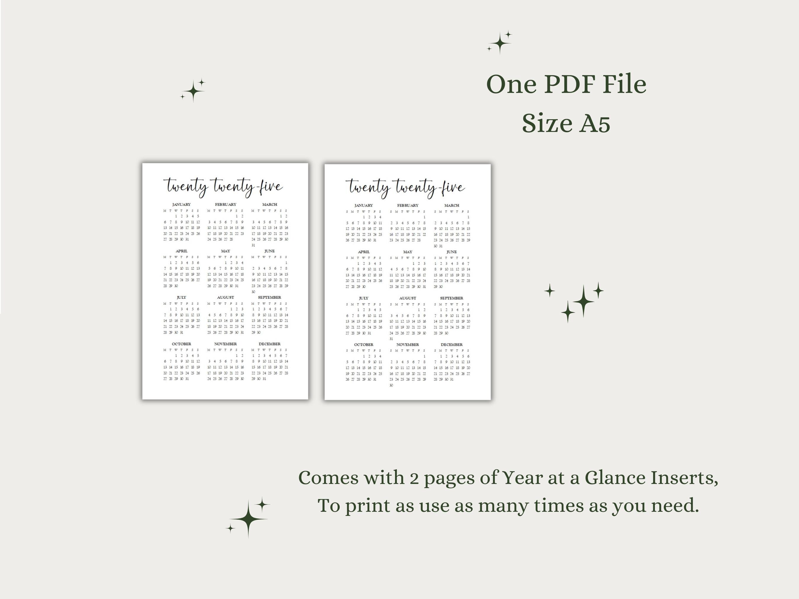 2025 Year at A Glance Printable | A5 Planner Inserts | Monday & Sunday ...