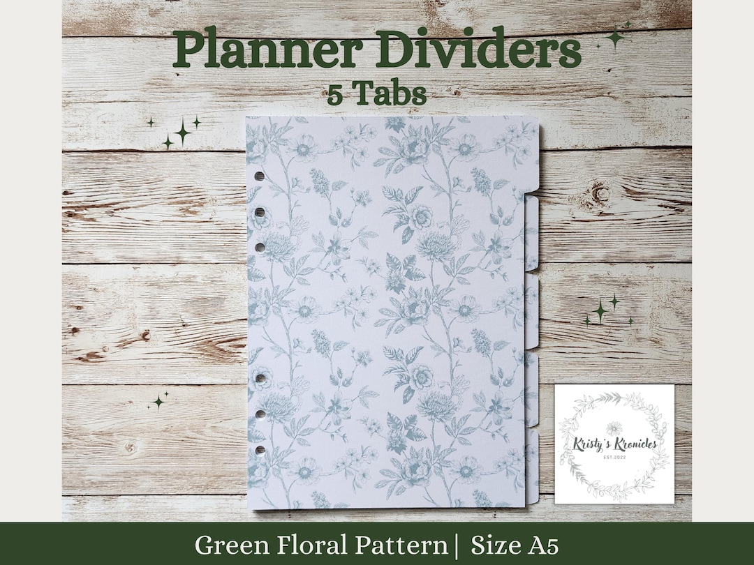 A5 Planner Divider Set | 5 Side Tab Divider | Green Floral Pattern ...
