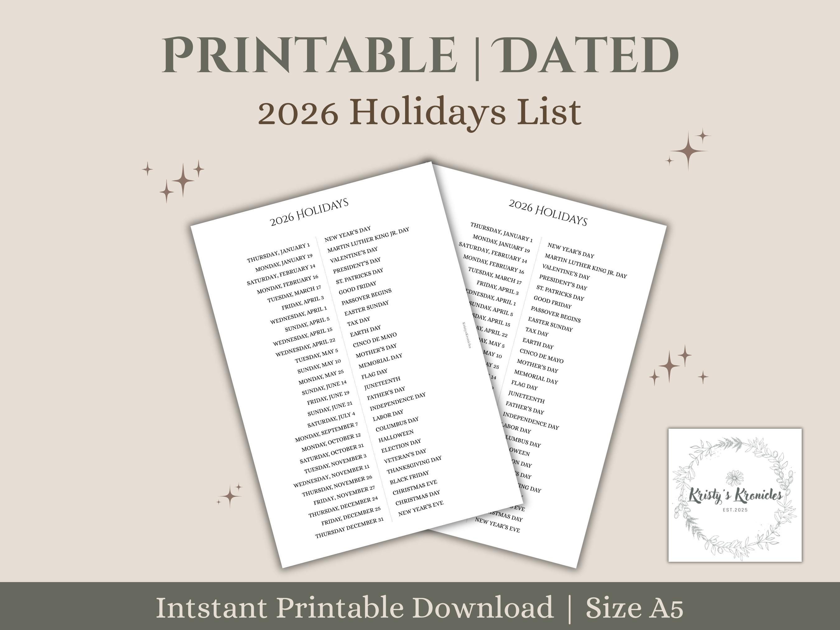 2026 A5 Dated Holidays List Printable Planner Insert | Dashboard | Year ...