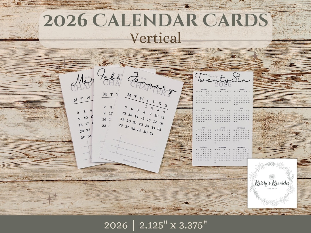 Set of 2026 Vertical Calendar Planner Cards | Full 12 Month Journalling ...