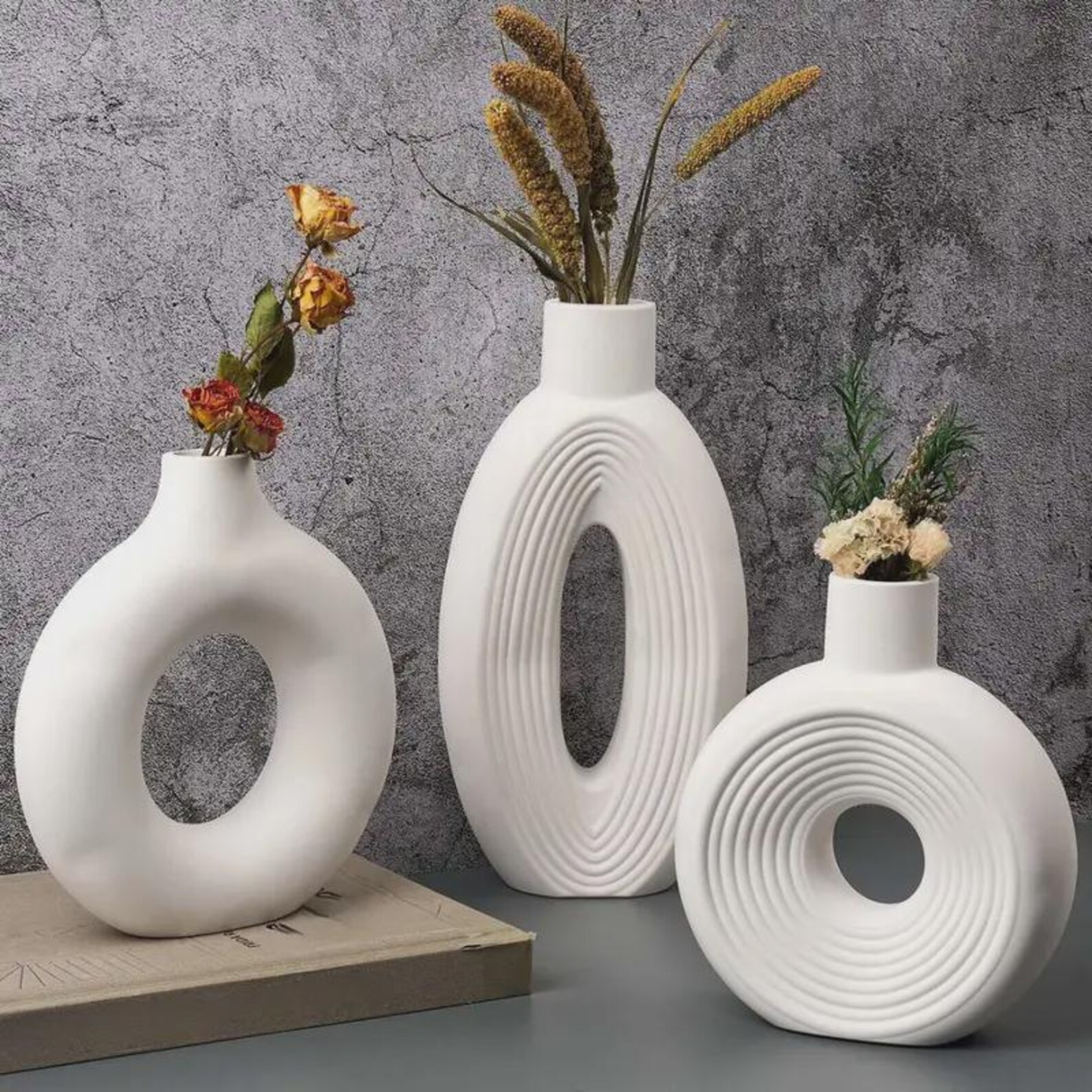 Large Oval Ceramic Vases Set of Three I Two Striped & One Plain Round ...