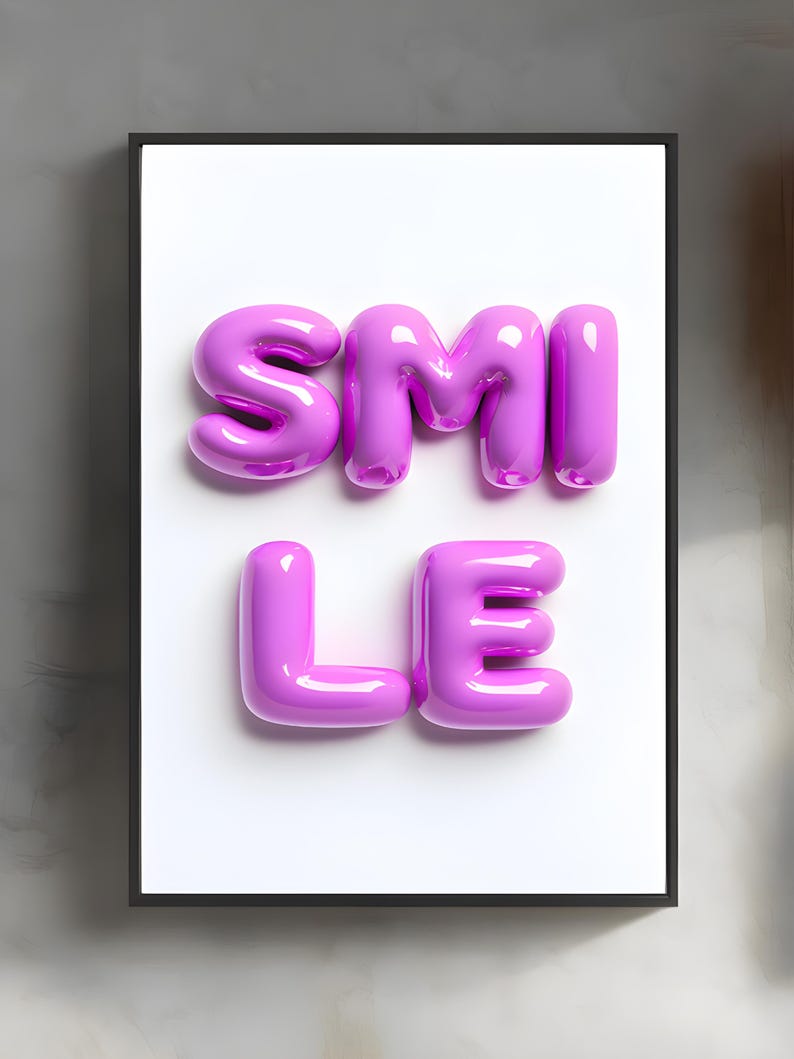 SMILE Digital Wall Art - 3D Balloon Letters Print - Pink Typography ...