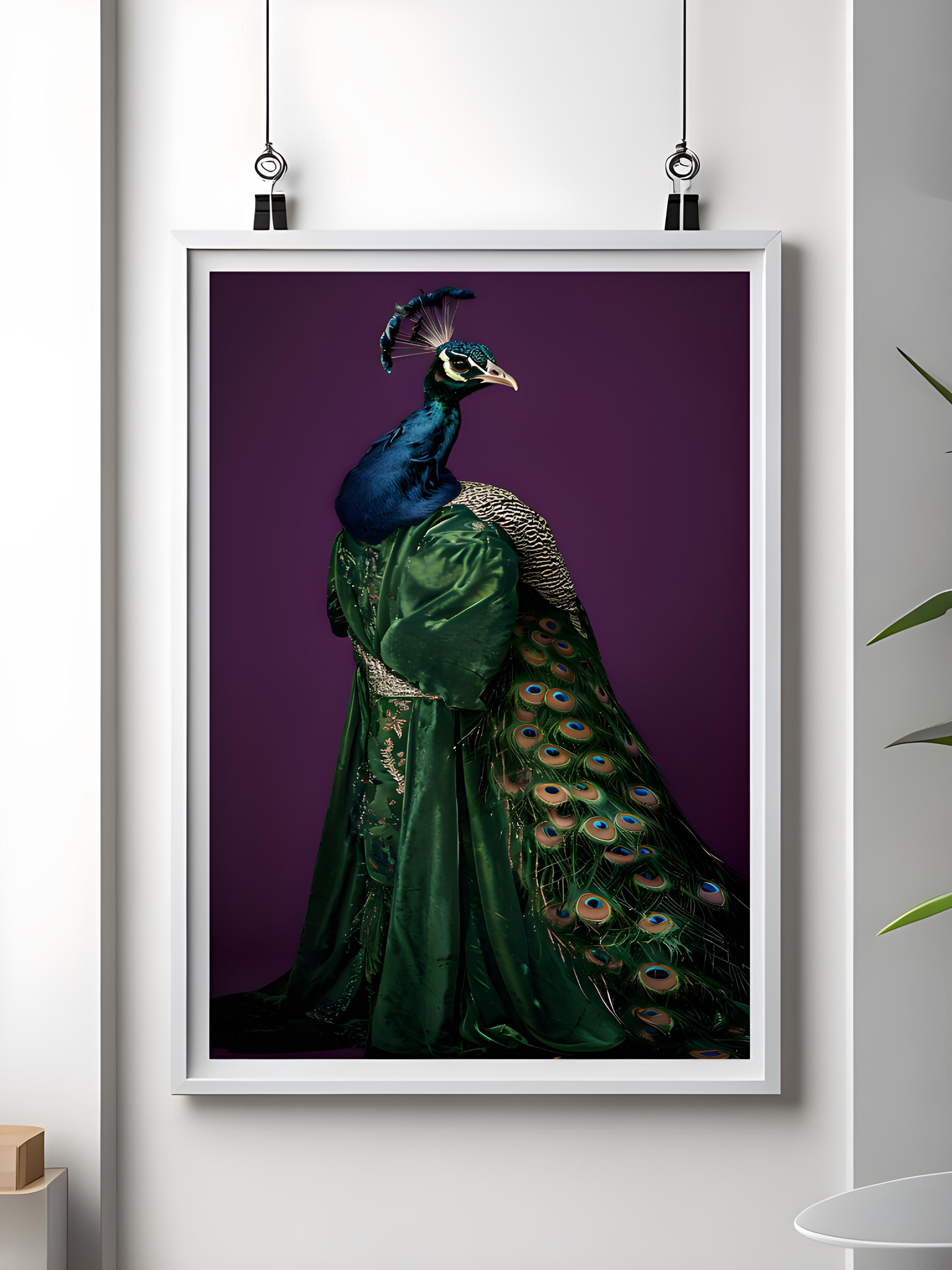Elegant Peacock Portrait Digital Art Print – Anthropomorphic Bird in ...