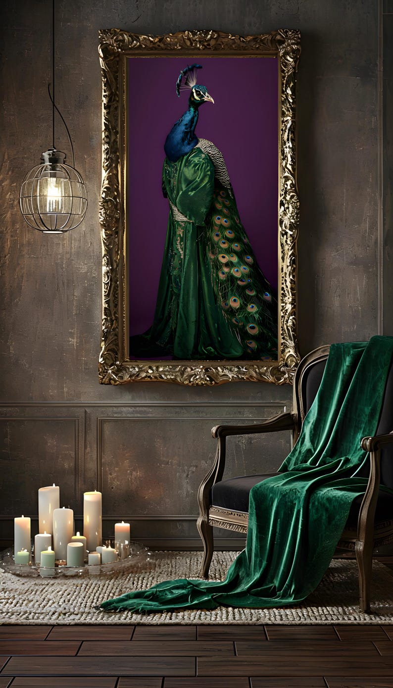 Elegant Peacock Portrait Digital Art Print – Anthropomorphic Bird in ...