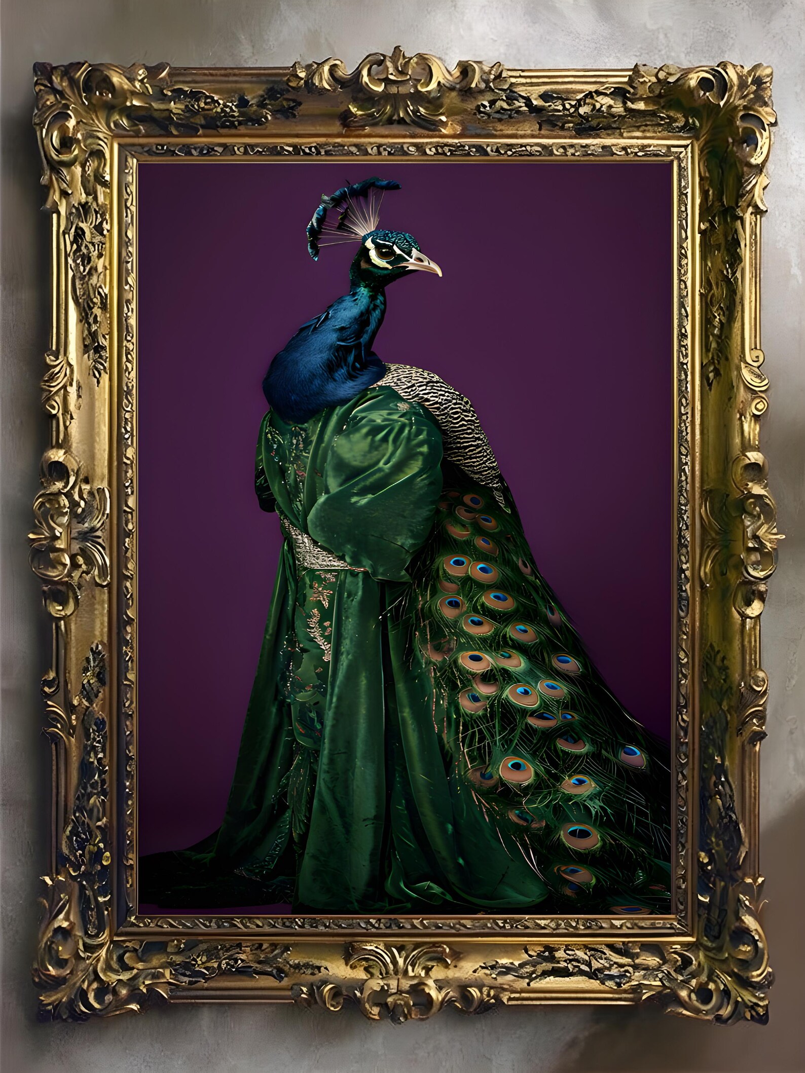 Elegant Peacock Portrait Digital Art Print – Anthropomorphic Bird in ...