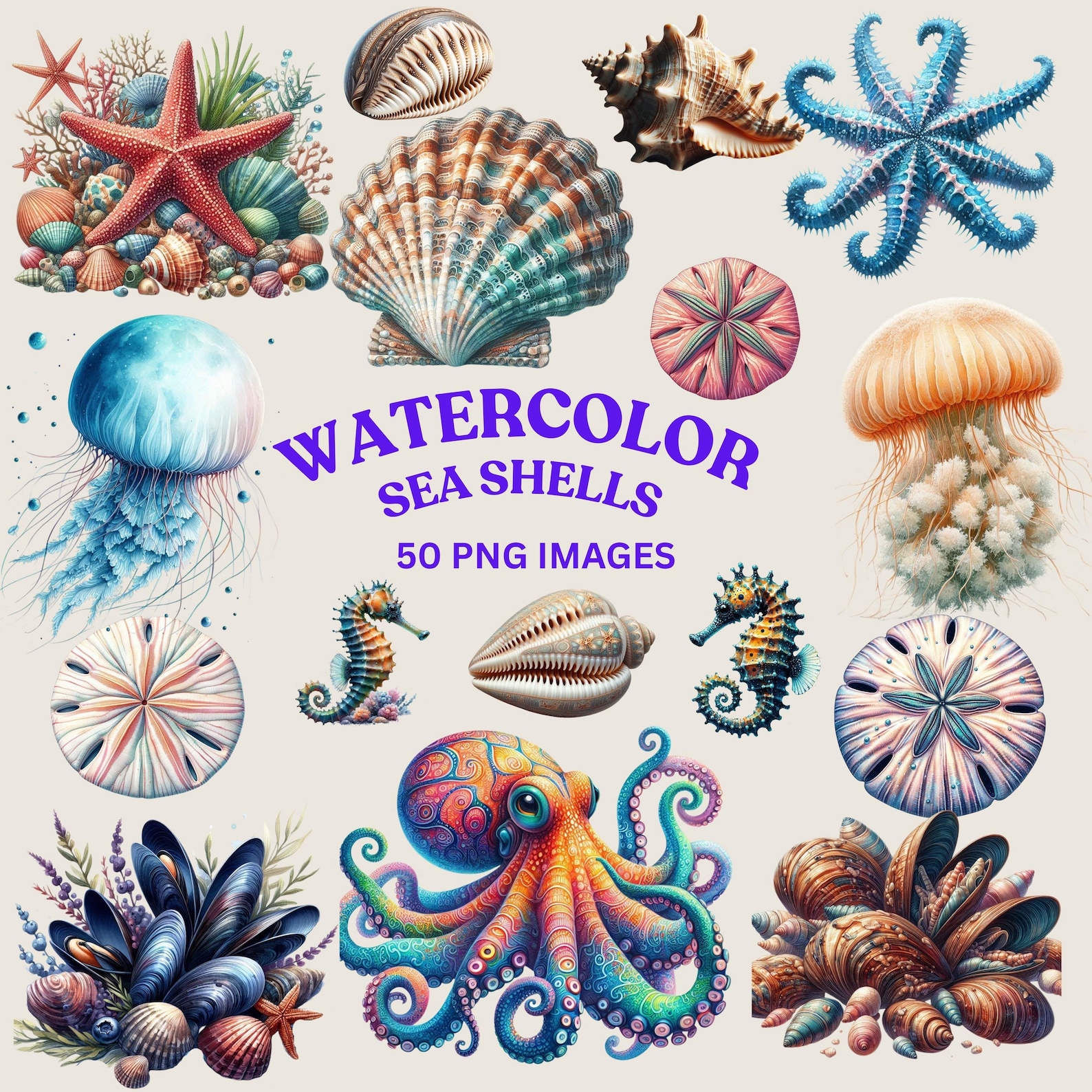Watercolor Sea Shells Clipart, Beach Clipart Sea Clipart, Destination ...