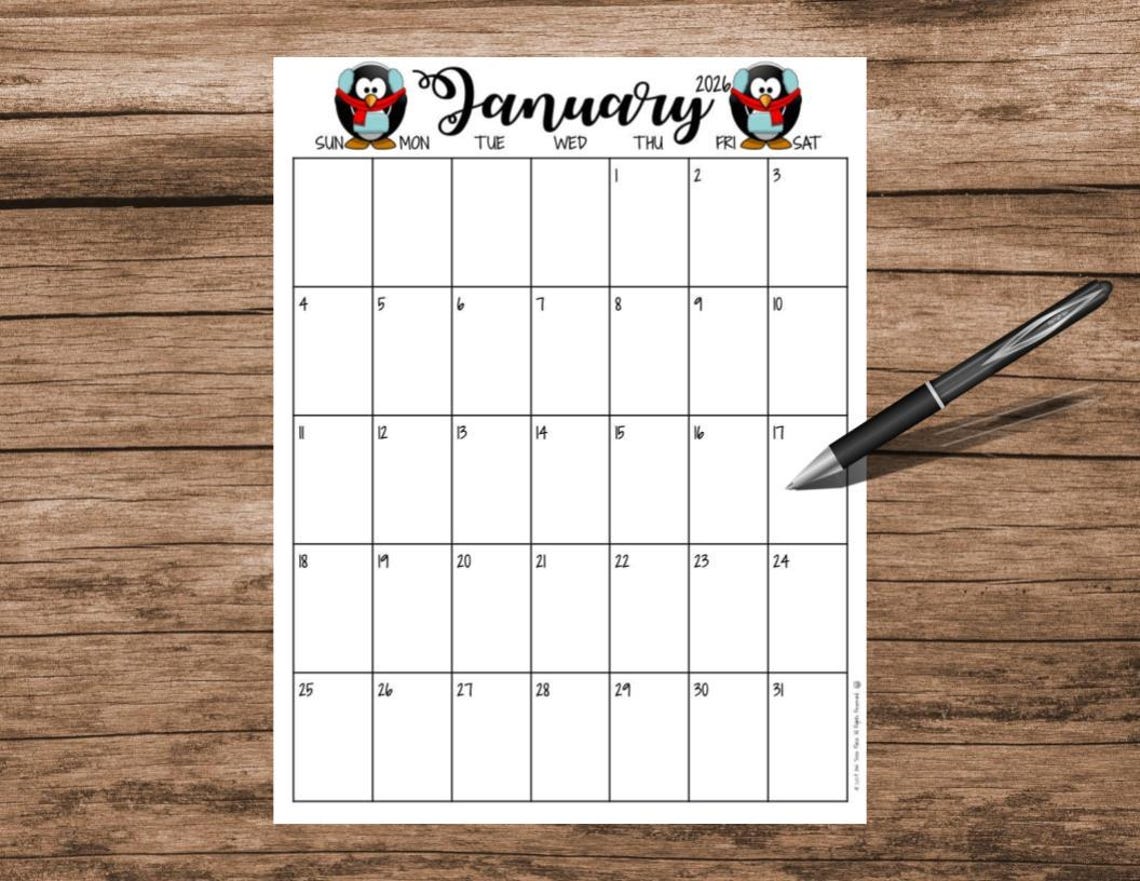 January 2026 Calendar: Penguin Theme, Printable & Editable (digital ...