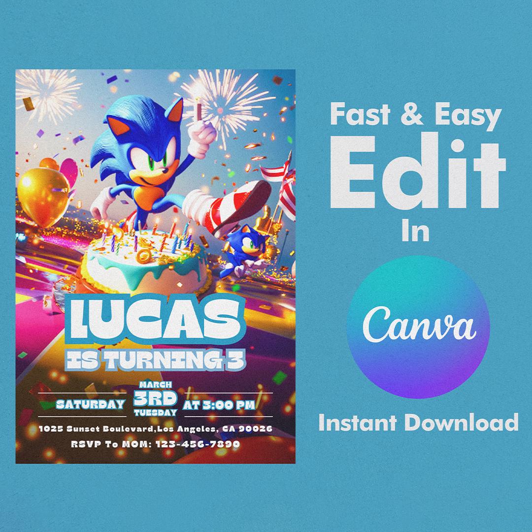 Sonic 3 Birthday Invitation, Super Hedgehog Boys Party Invite, Super ...