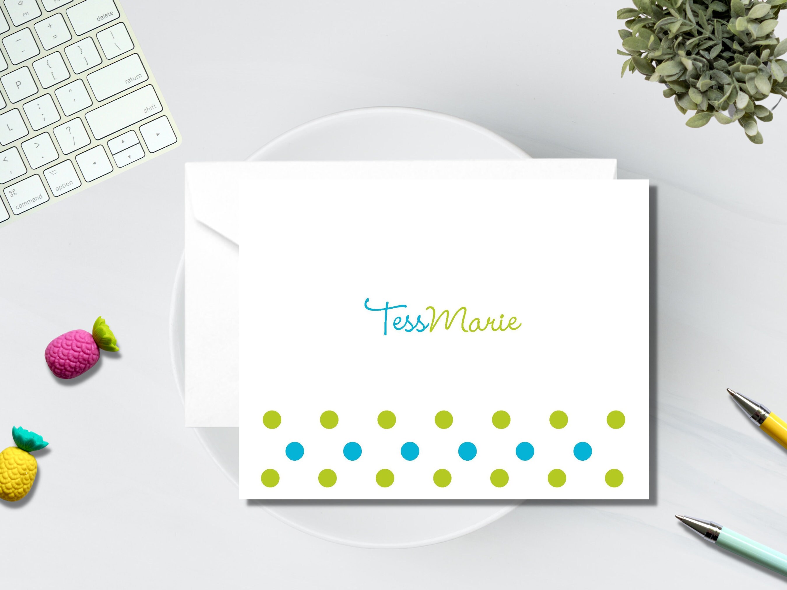 Personalized Polka Dot Note Cards, Turquoise & Green Stationery Set - Etsy