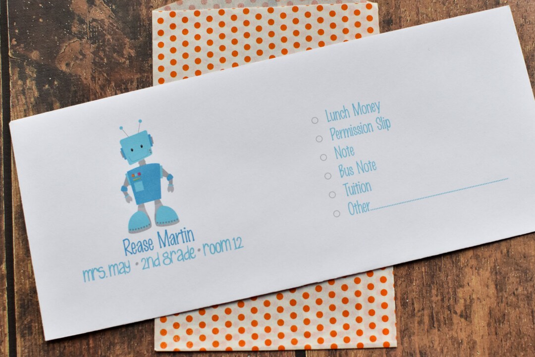 Personalized Back to School Envelope for Money & Notes / Robot Design ...