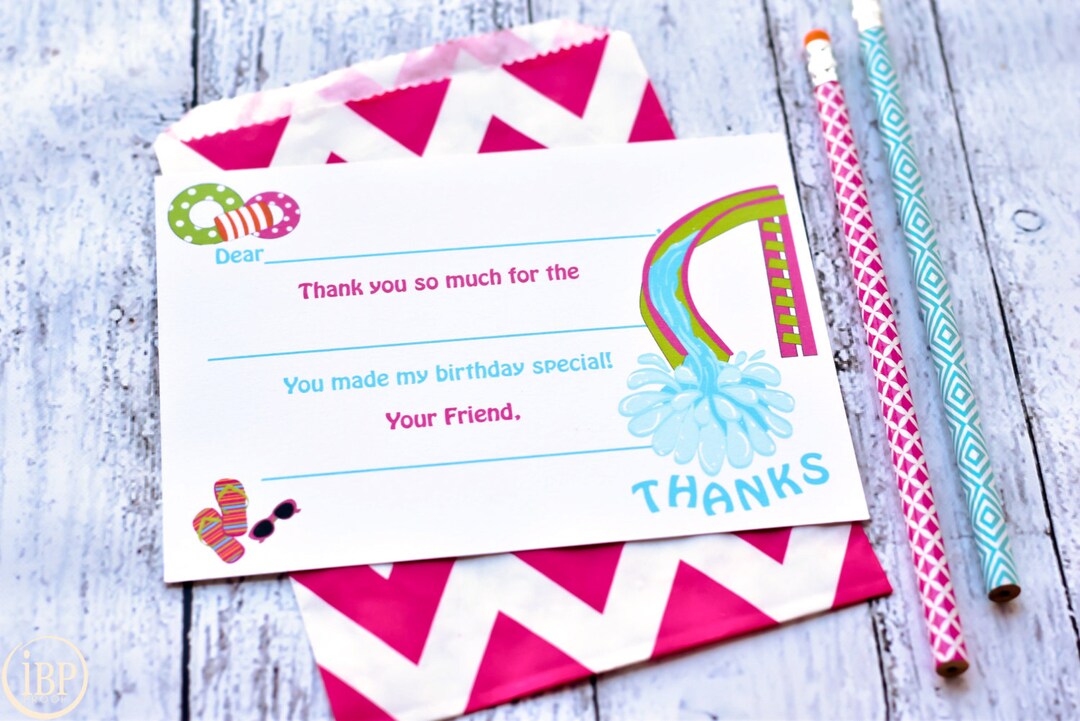 Pool Party Thank You Cards for Kids - Fill in the Blank Notes - Pink ...