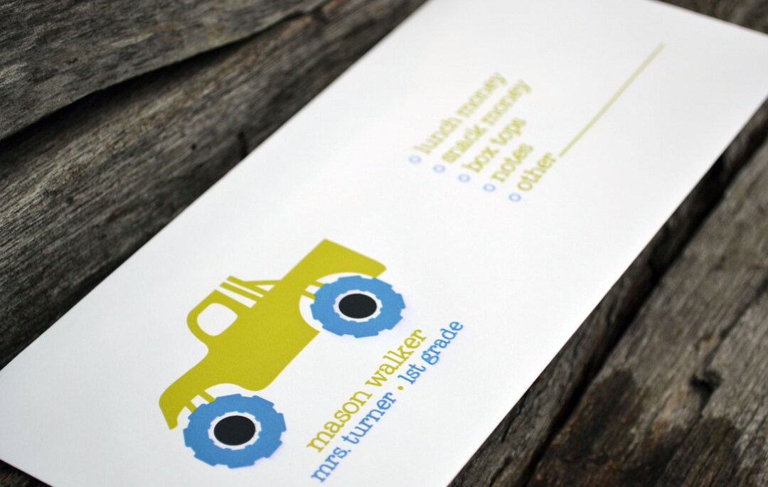 Personalized Back to School Envelope for Money & Notes / Monster Truck ...