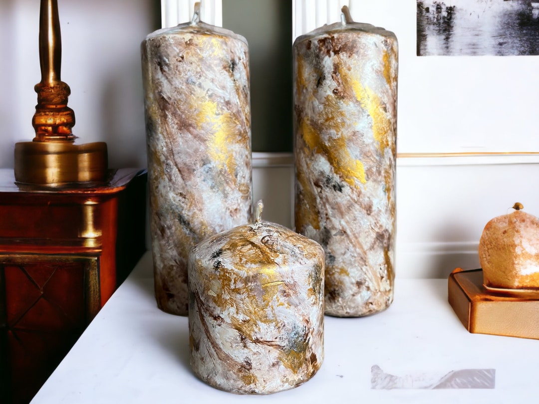 Pillar Candle Gold Accent on Brown, Cream: GOLD Optional Hand Painted ...