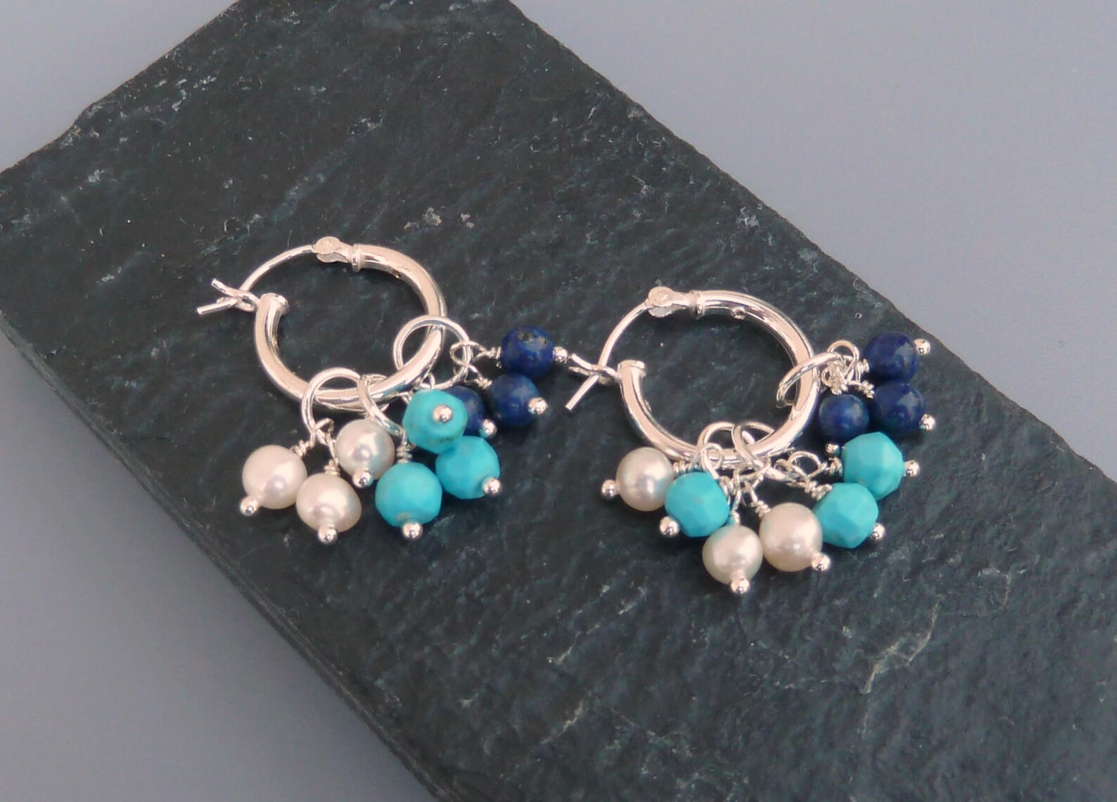 Silver Hoop Earring Set, Gemstone Earring Charm Set, Silver Earring ...