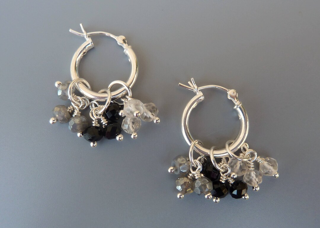 Silver Hoop Earring Set, Gemstone Earring Charm Set, Silver Earring ...